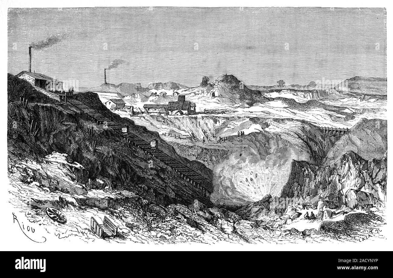 Zinc mine, 19th century. Illustration of the open pit zinc mine of ...