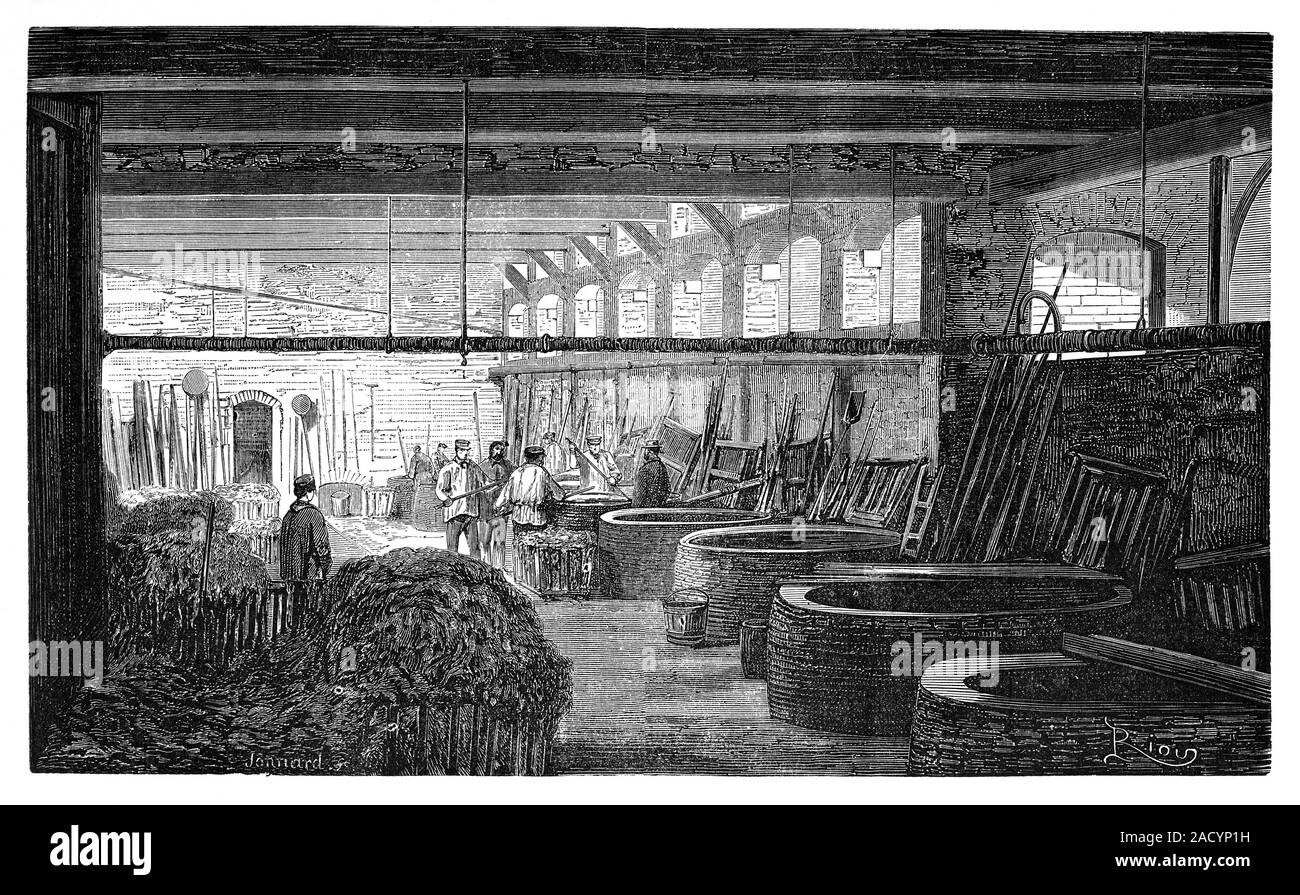 Fabric boiling house, 19th century. Illustration of workers boiling ...