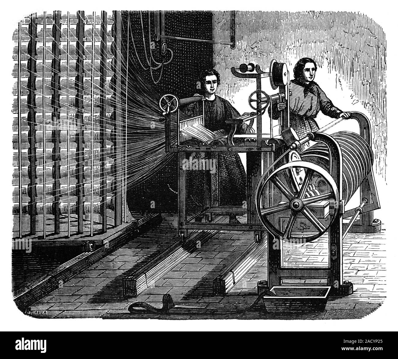 Textile mill warping creel, 19th century. Illustration of a worker ...