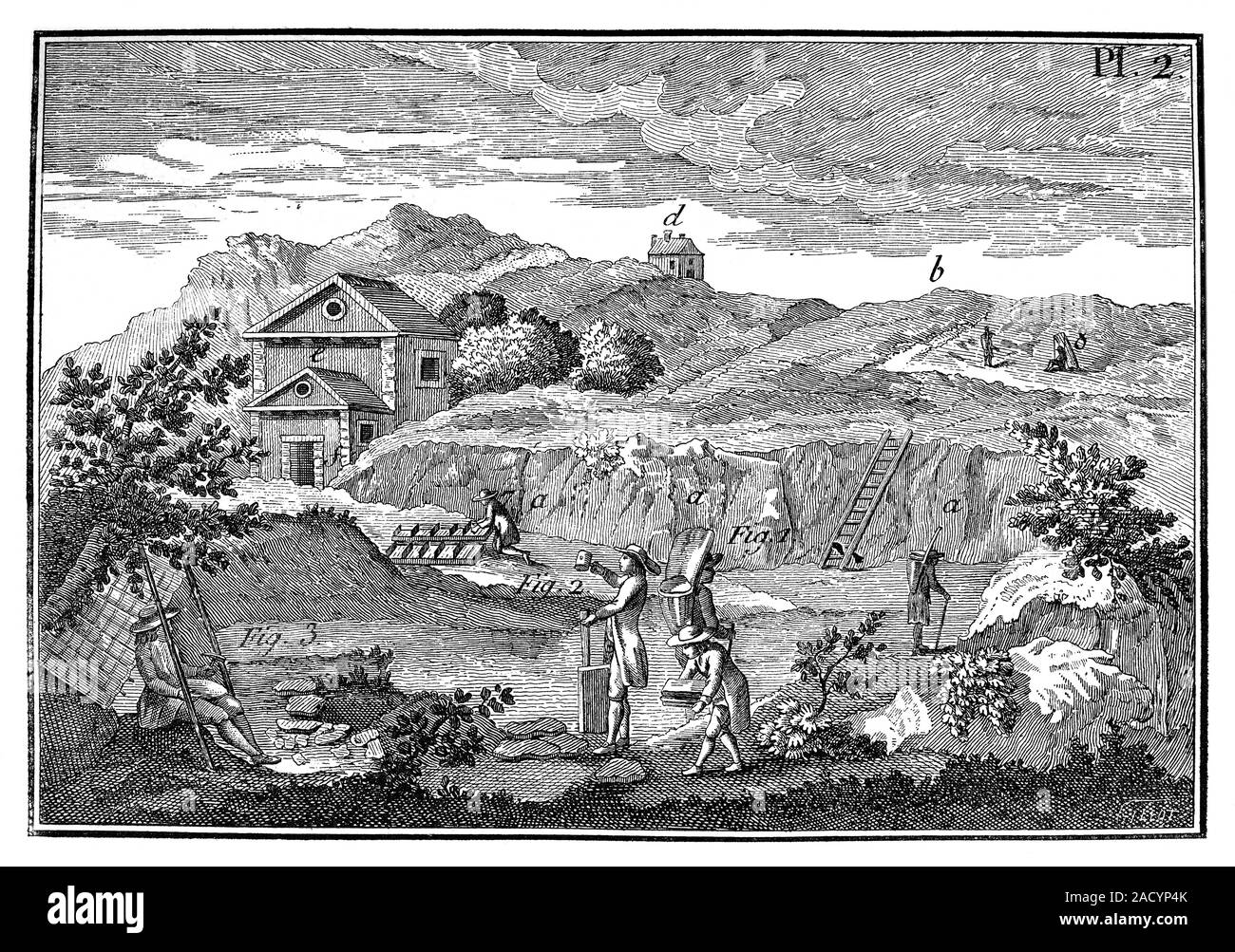 Slate quarrying, 19th century. Illustration of workers carrying out an ...