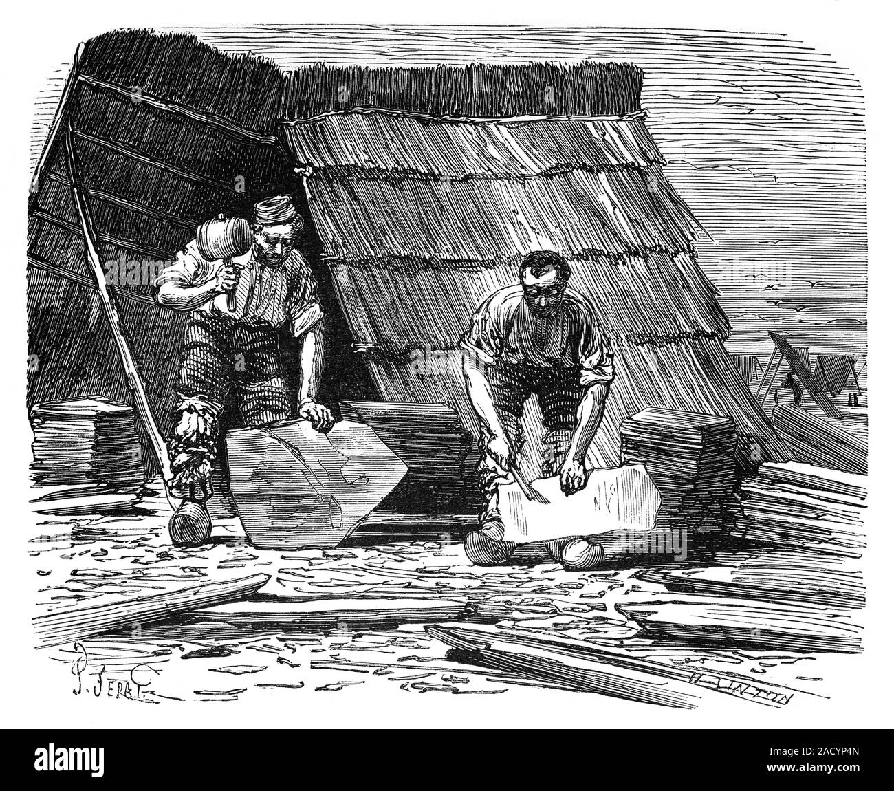 Slate quarrying, 19th century. Illustration of workers carrying out an ...