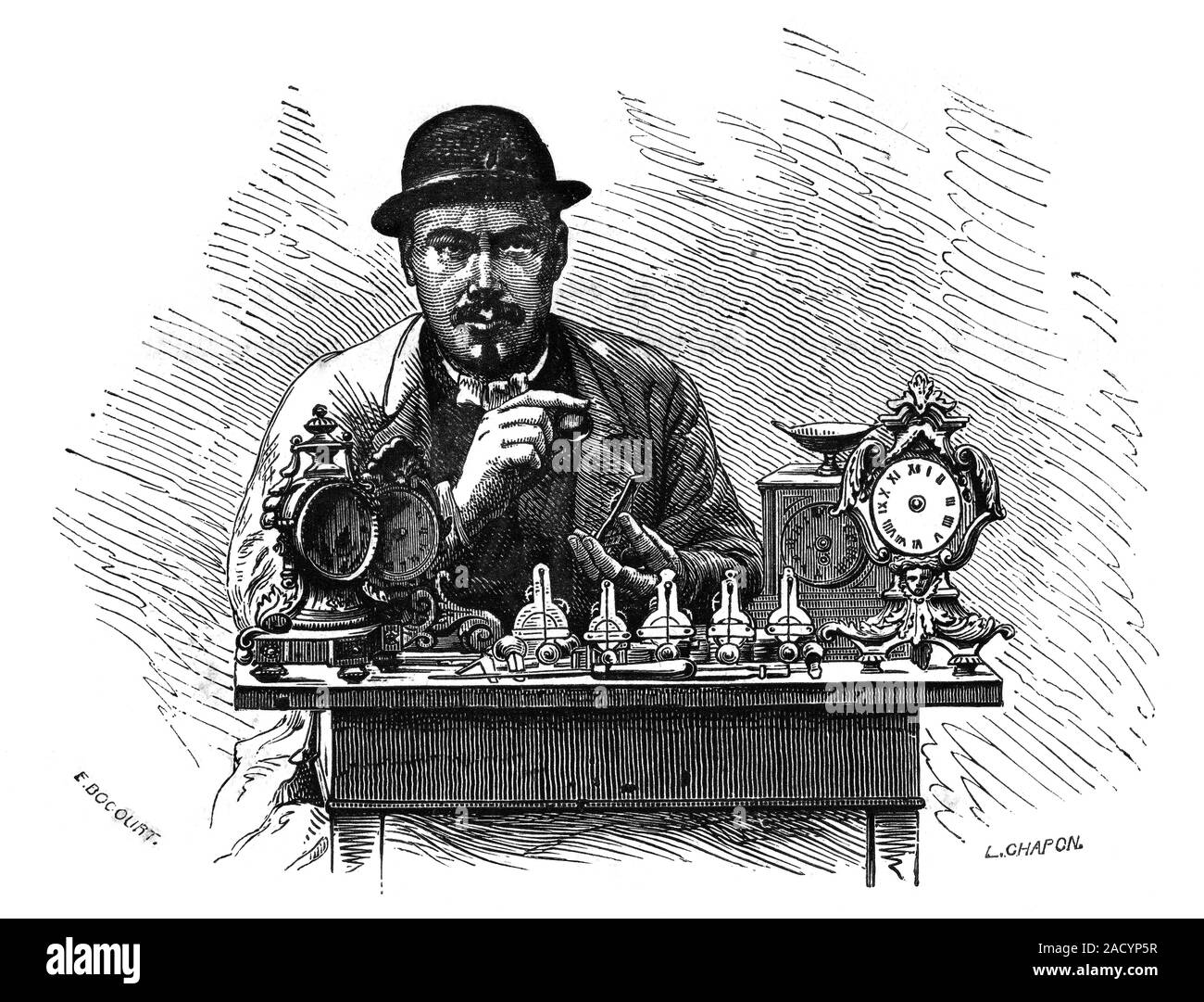Clockmaking, 19th century. Illustration of a clockmaker from the French ...