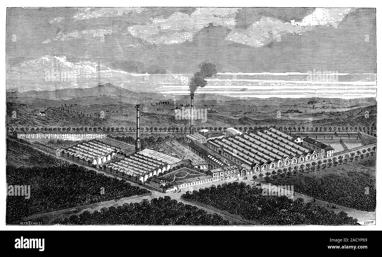 Wool combing factory, 19th century. Illustration of the wool combing ...