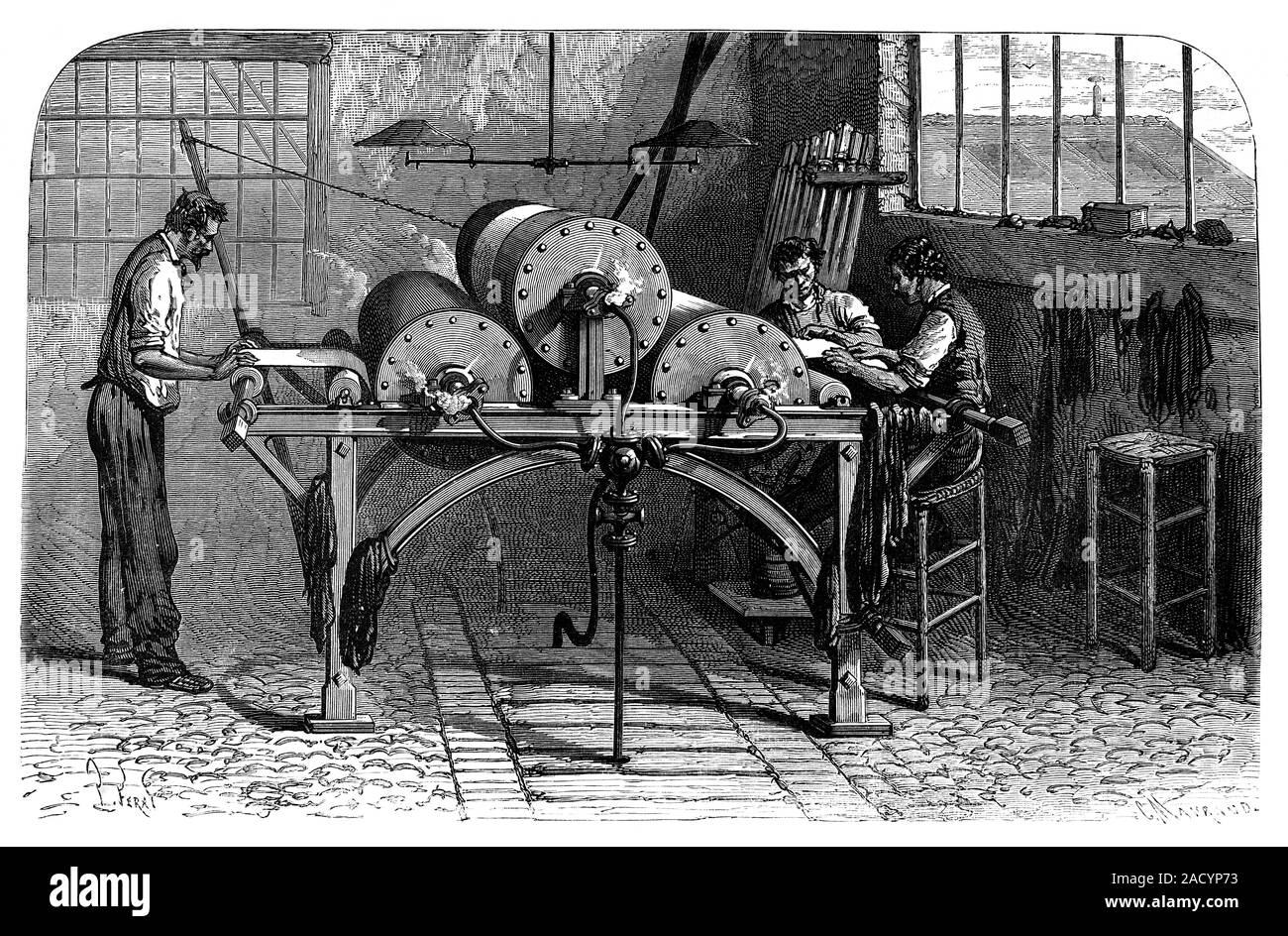 Dyeing industry, 19th century. Illustration of workers in a dyeing ...
