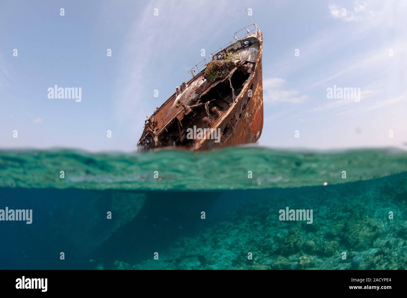 The Skipjack II wreck, lying on the seabed with bow above the sea ...