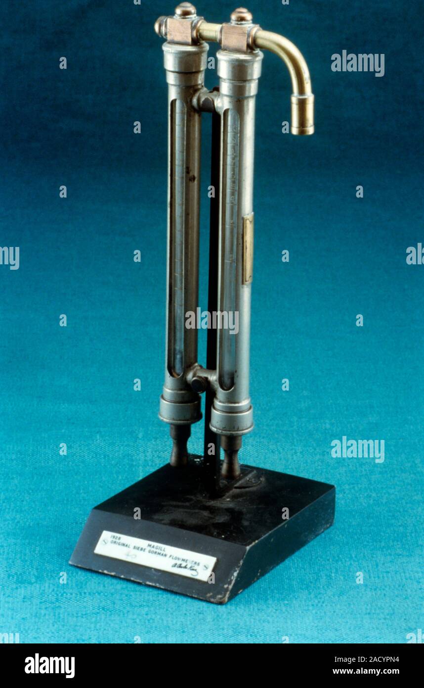 Anaesthetic gas flow meter from 1928. This English glass and metal ...