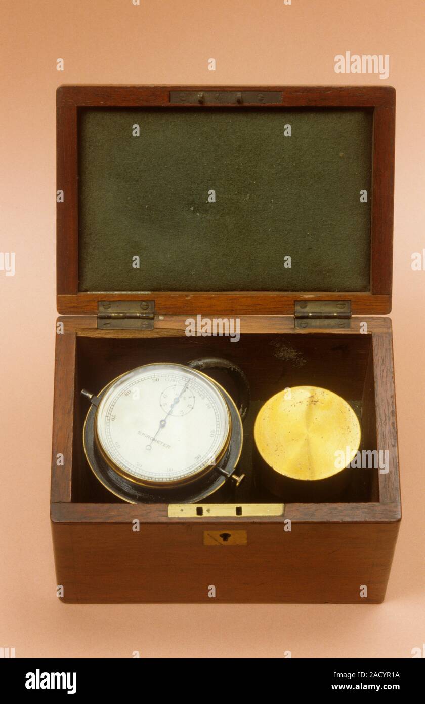 Spirometer in its case, circa 1870. A spirometer, or peak flow meter is ...