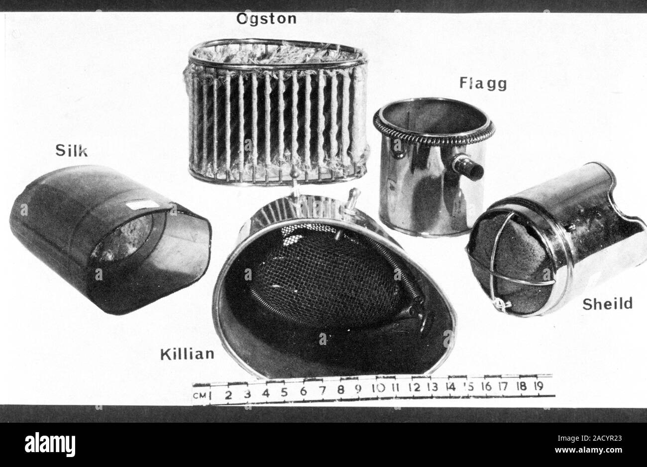 Anaesthesia open inhalers, 1843-1939, illustration. Seen here are Silk ...