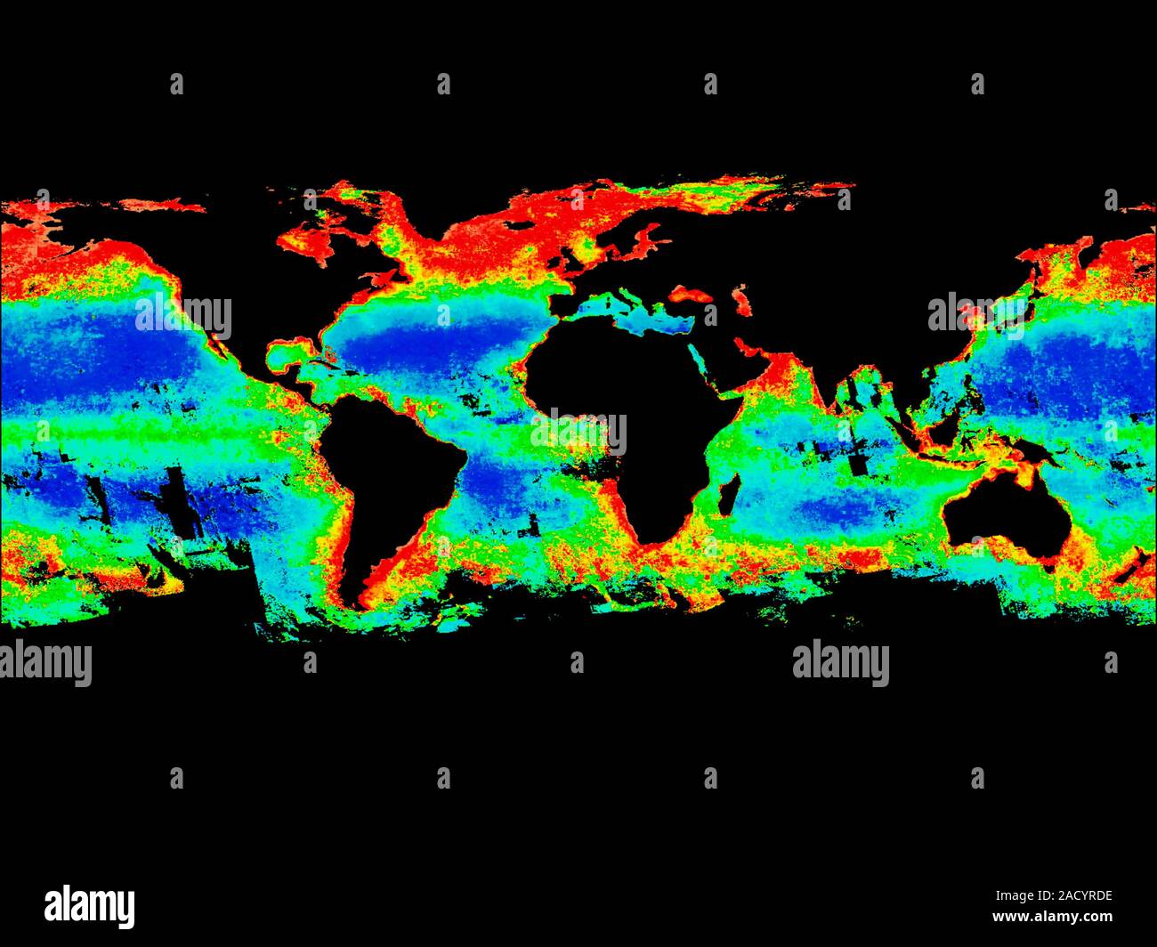 Global chlorophyll levels, 1979-1986. Global satellite map showing ...