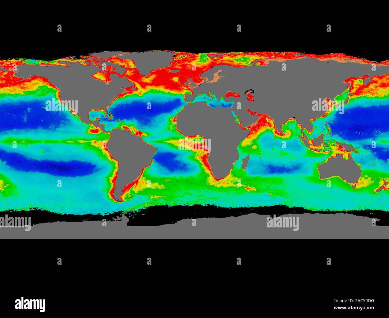 Global chlorophyll levels, 1997-2000. Global satellite map showing ...