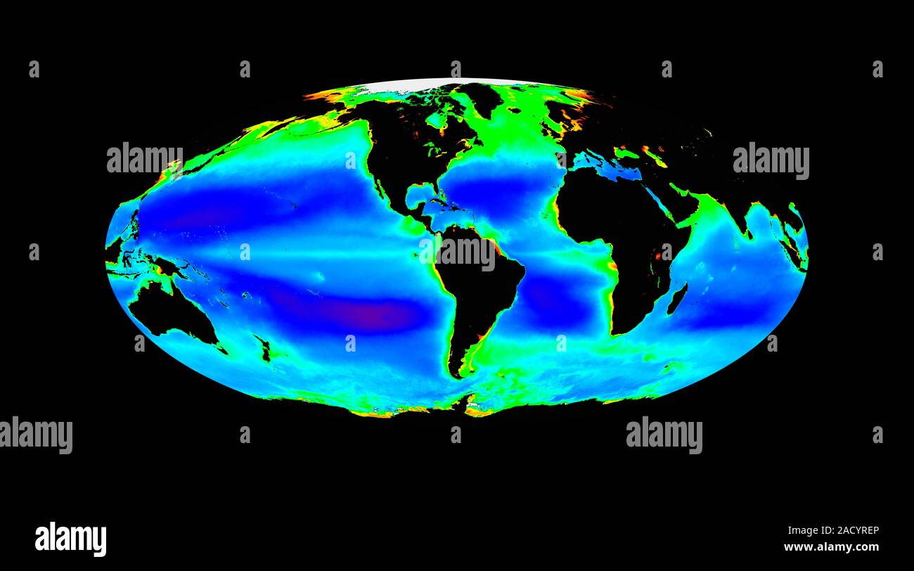 Global chlorophyll levels, 1997-2003. Global satellite map showing ...