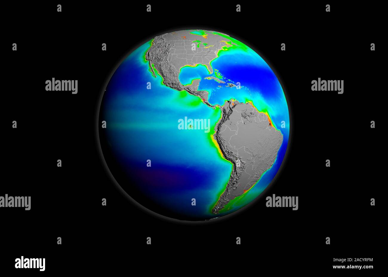 Americas phytoplankton levels, 1997-2007. Globe map using satellite ...