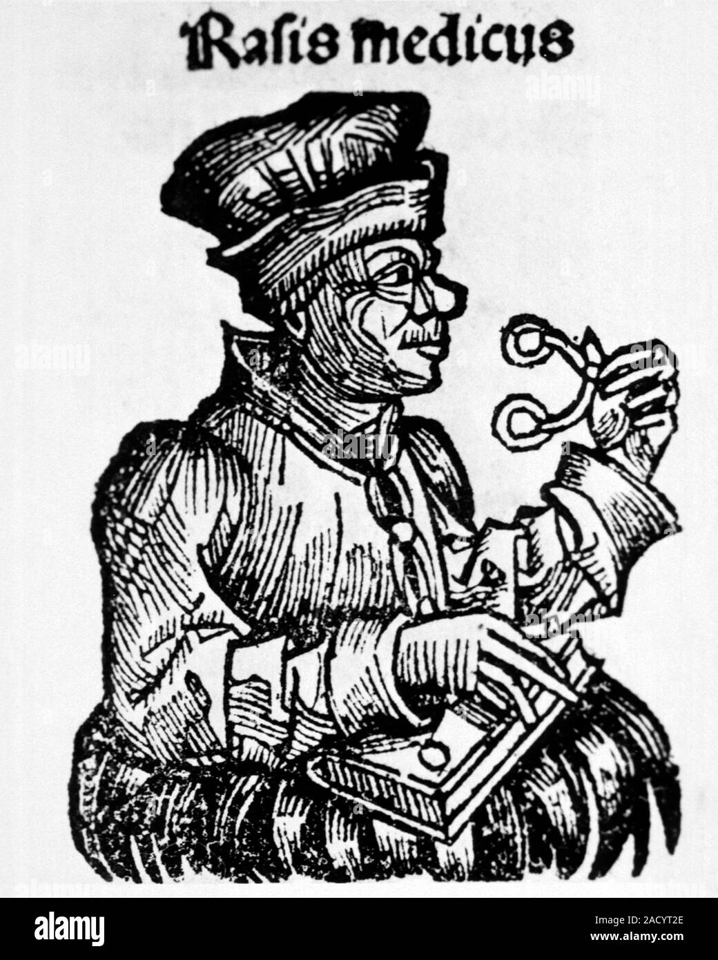 Rhazes (865-925), Islamic Persian scholar, physician and alchemist, holding eyeglasses and a ...