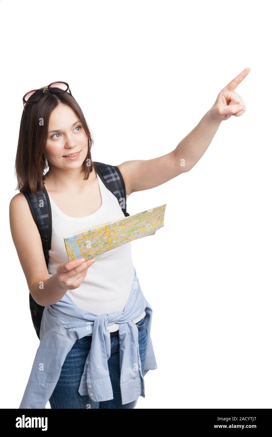 girl looking for place on map with rucksack Stock Photo - Alamy