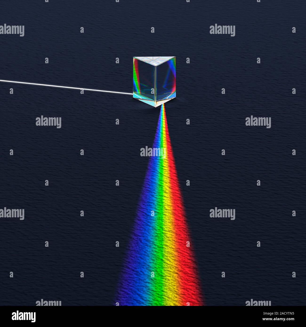 Prism demonstrating refraction and reflection effects. Beam of white light strikes the prism and ...