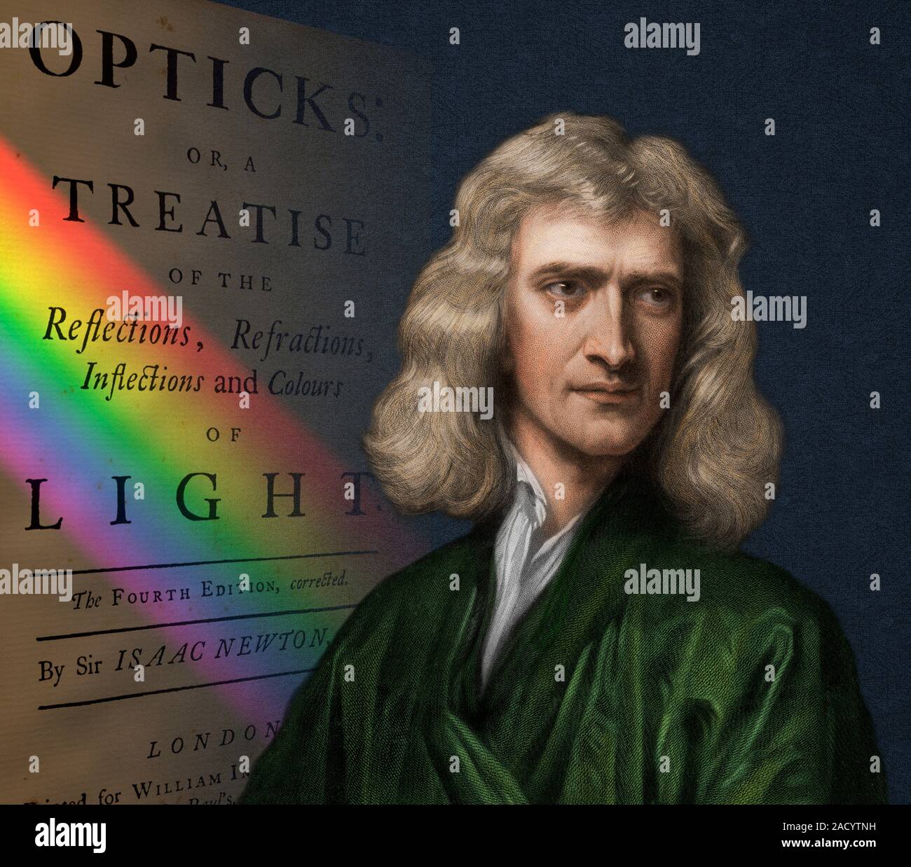 Isaac Newton portrait in front of his treatise on optics and light ...
