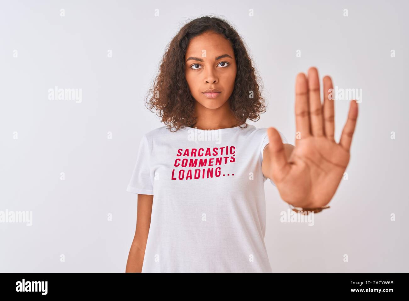 Brazilian woman wearing fanny t-shirt with irony comments over isolated ...