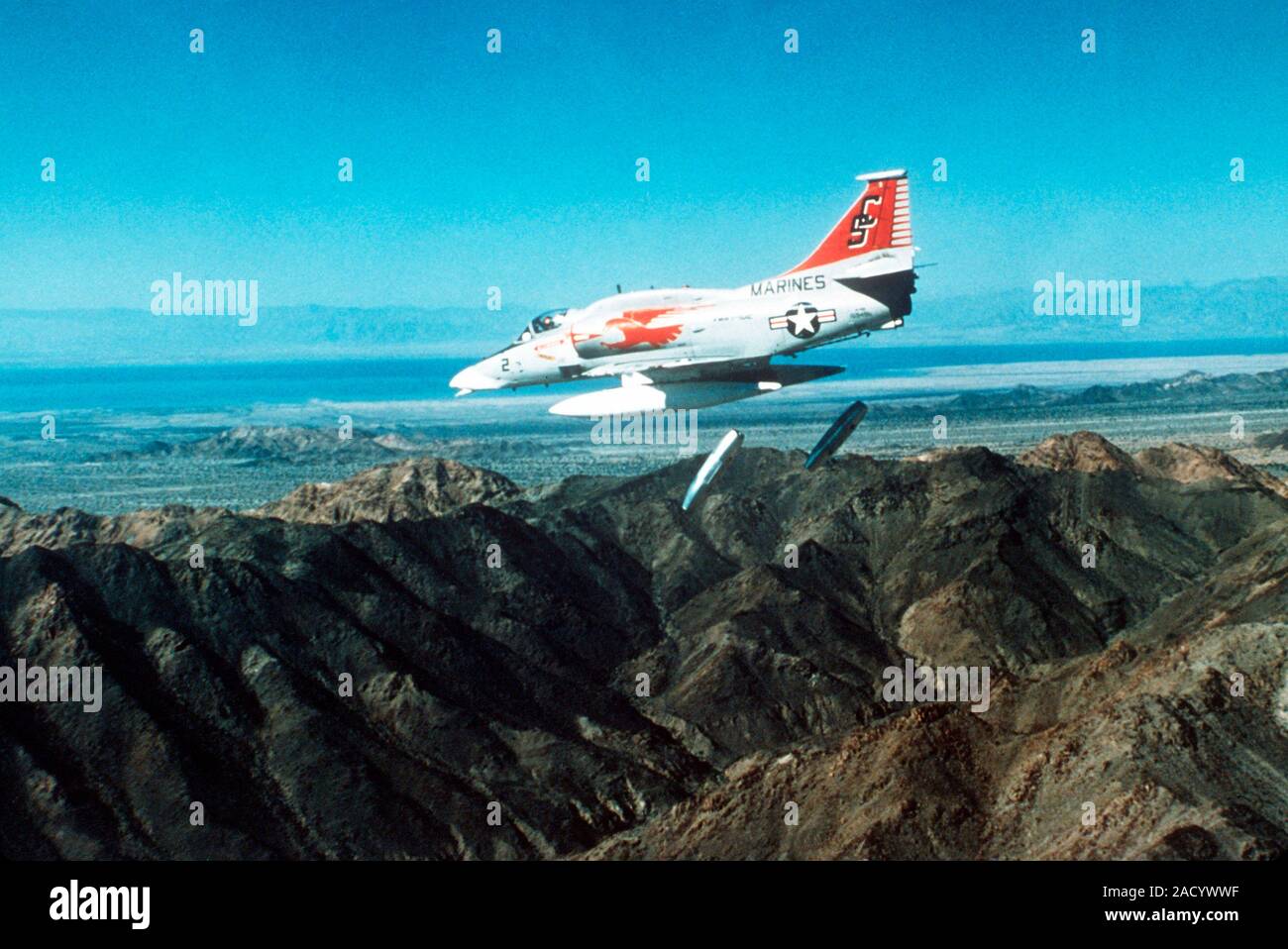 A-4M Skyhawk dropping napalm. Aerial view of an A-4M Skyhawk aircraft ...
