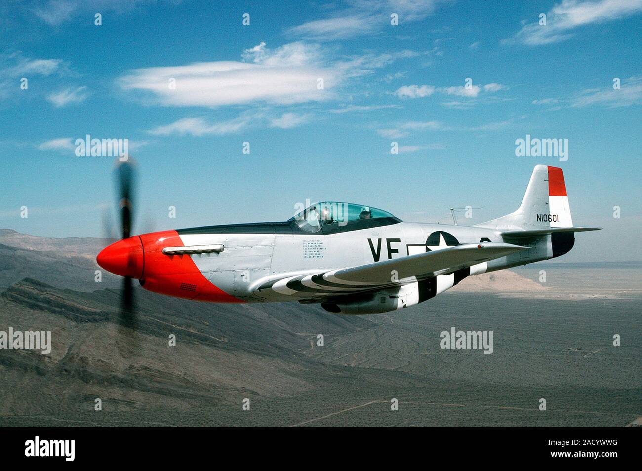 P-51 Mustang in flight. Aerial view of a P-51 Mustang aircraft being ...