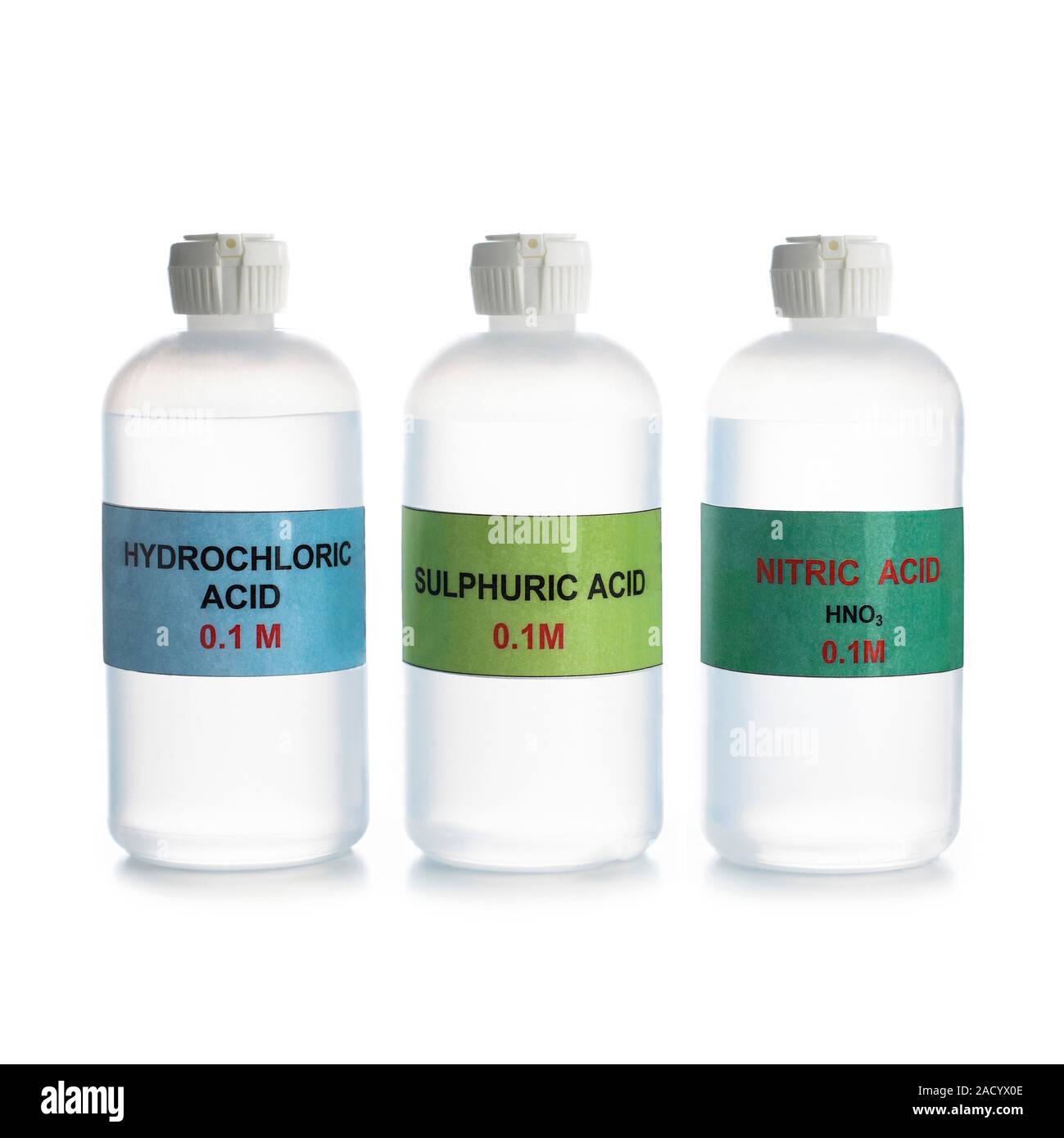 Three bottles, each containing a common acid solution. They are (left to right): hydrochloric ...