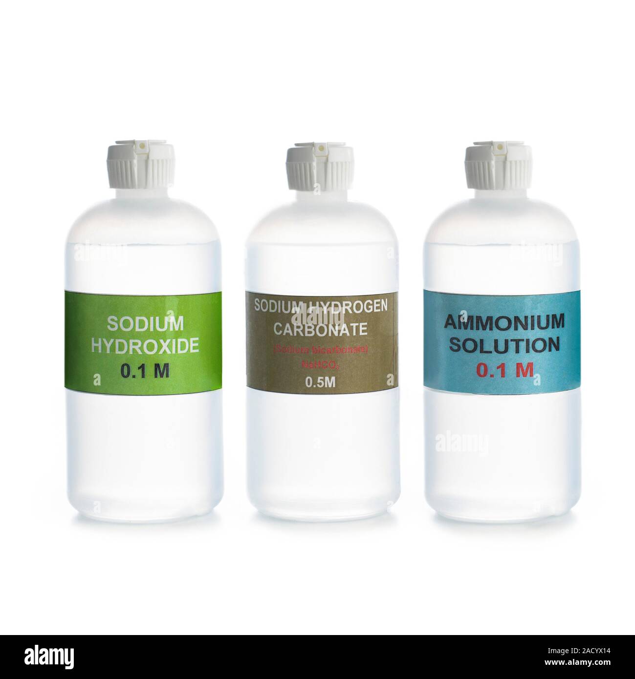 Three bottles, each containing a common base solution. They are (left ...