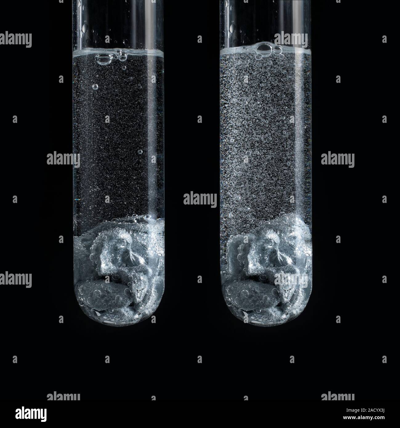 Zinc reaction with a weak (left) and a strong acid compared. In the ...