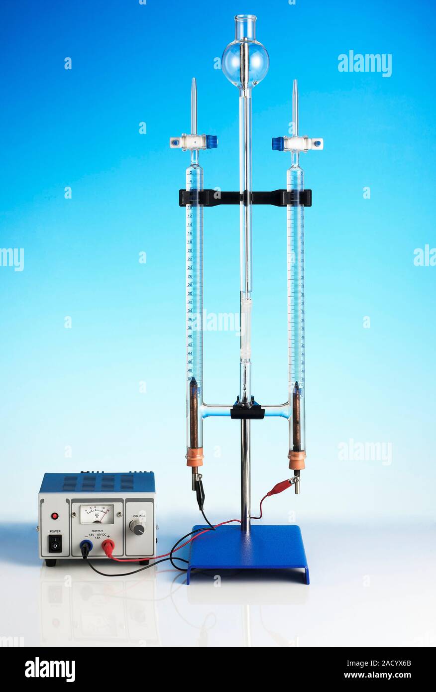 Electrolysis of water. The Hoffman voltameter, an apparatus used to demonstrate electrolysis of ...