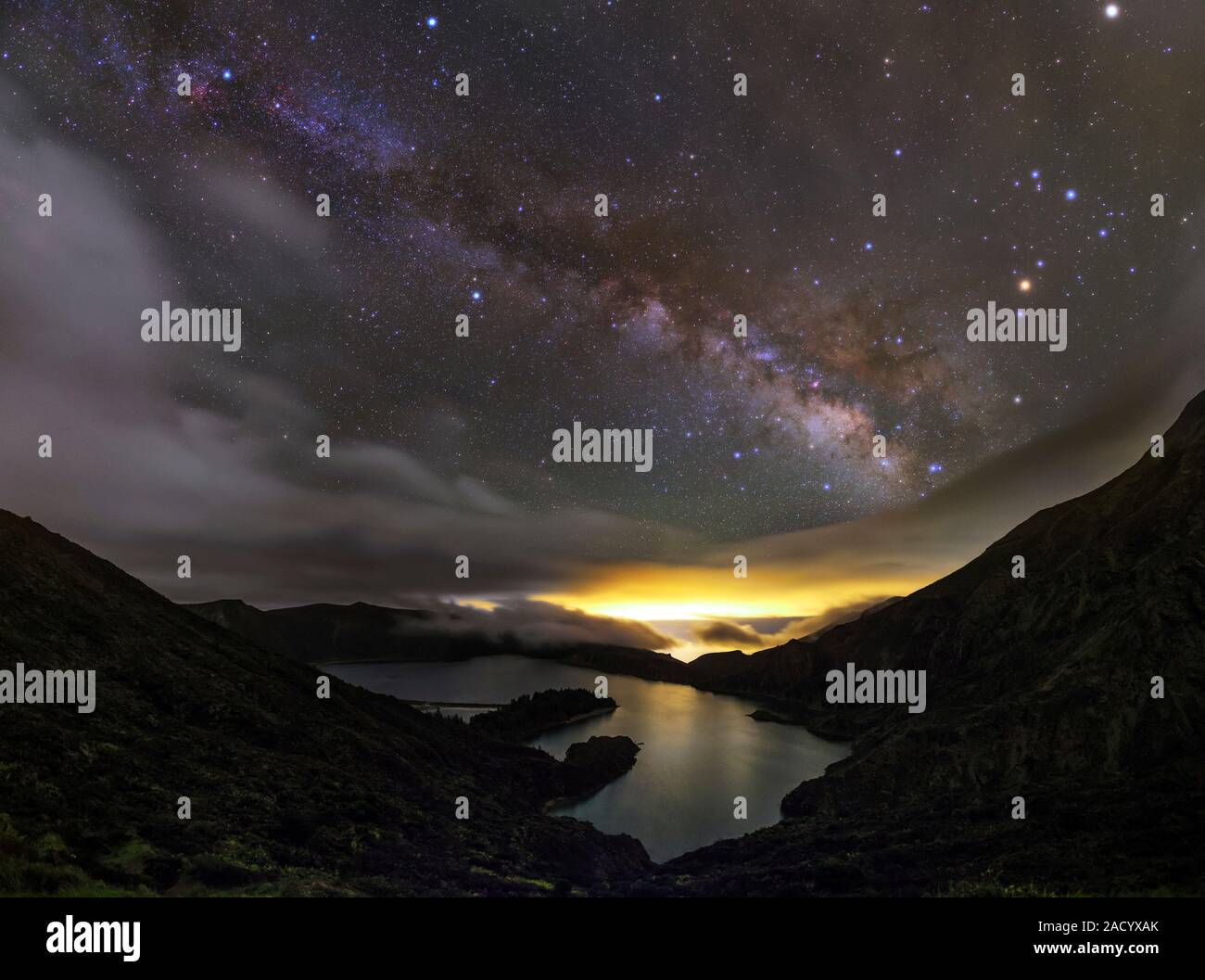 Milky Way over Lagoa do Fogo. View of the Milky Way in the night sky ...