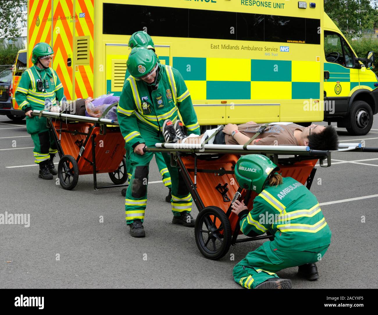 Training exercise for major emergency. NHS ambulance paramedics using ...