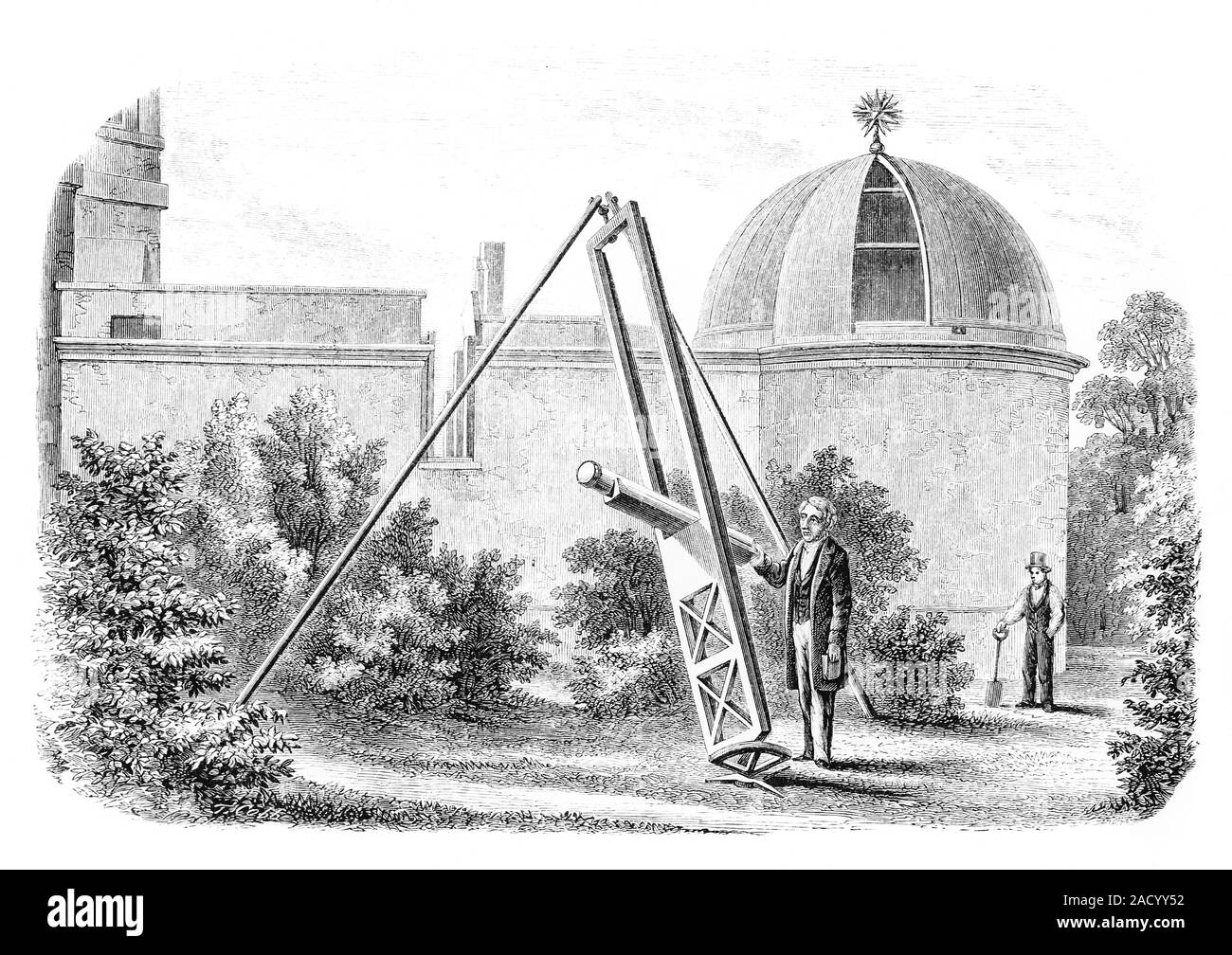 Hartwell Observatory. 19th-century illustration of an astronomer using ...