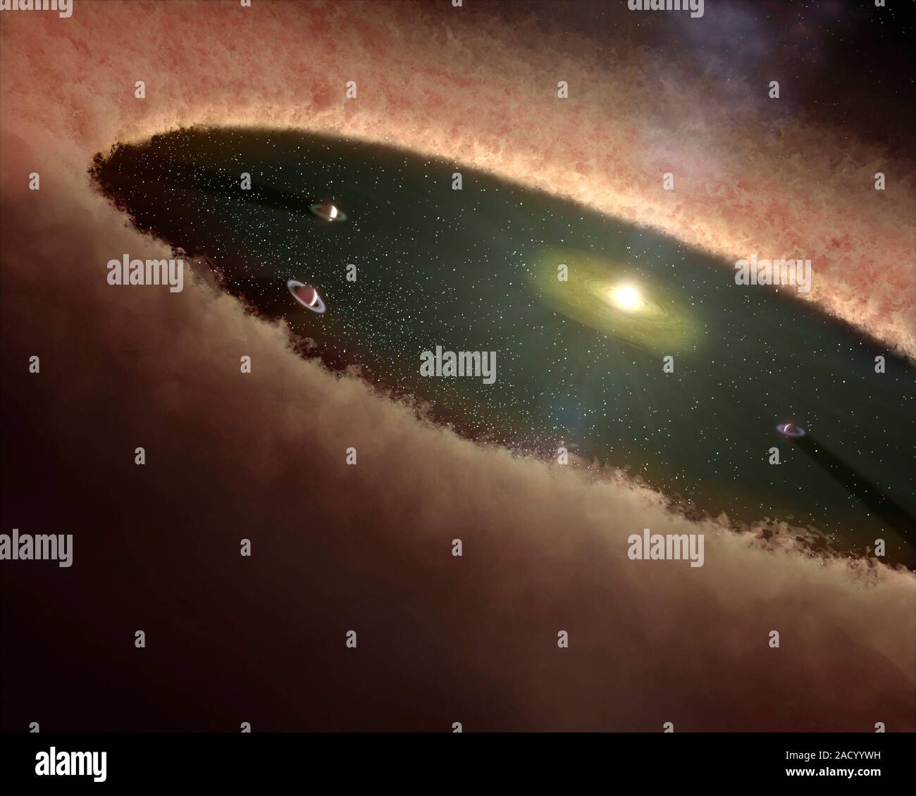 Planets forming around a star. Computer illustration of an inner and ...