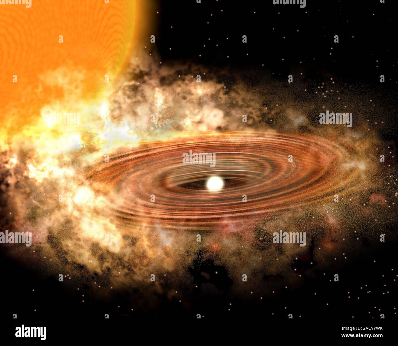 Accretion disk around binary star system. Computer illustration of the ...