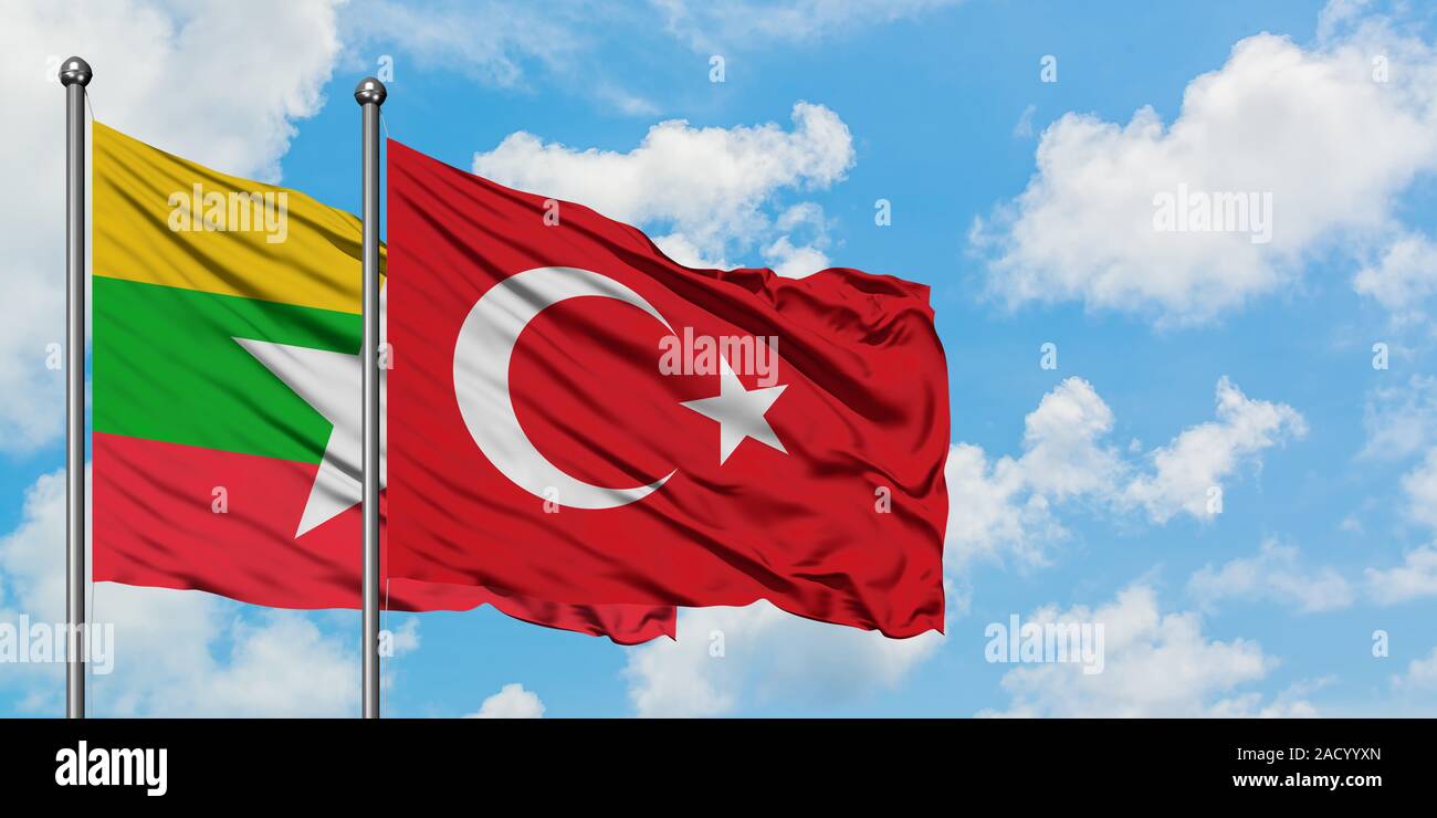 Myanmar and Turkey flag waving in the wind against white cloudy blue ...