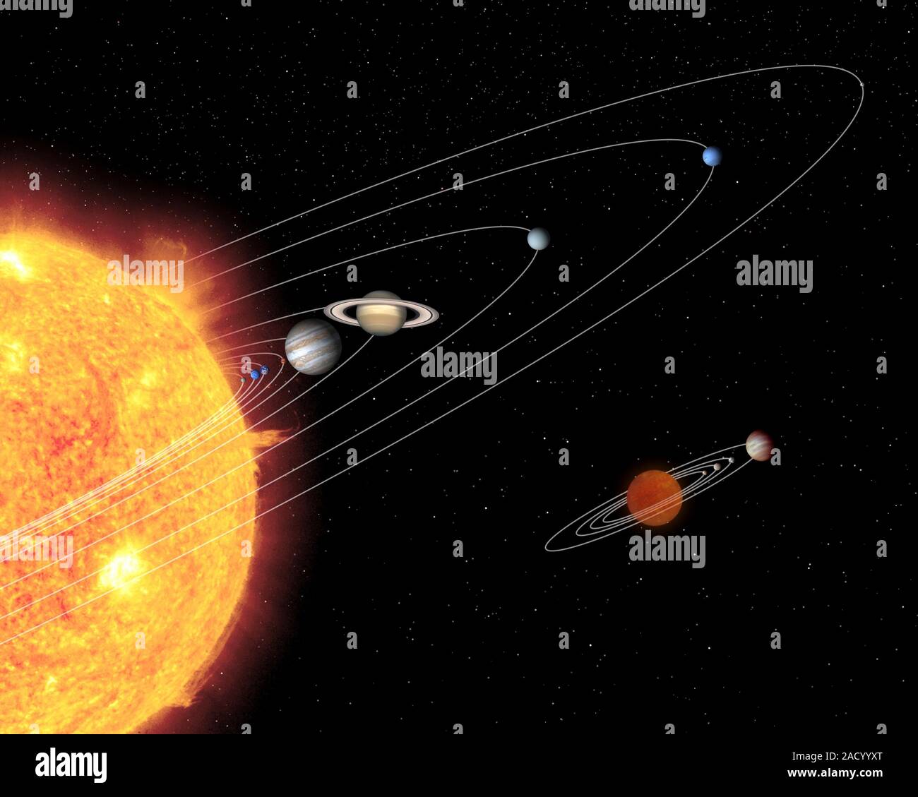 Solar systems compared. Computer illustration comparing the size of our ...