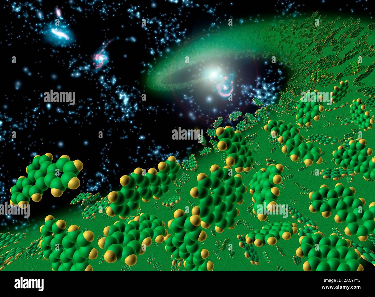 Organic molecules in early universe, conceptual image. Computer ...