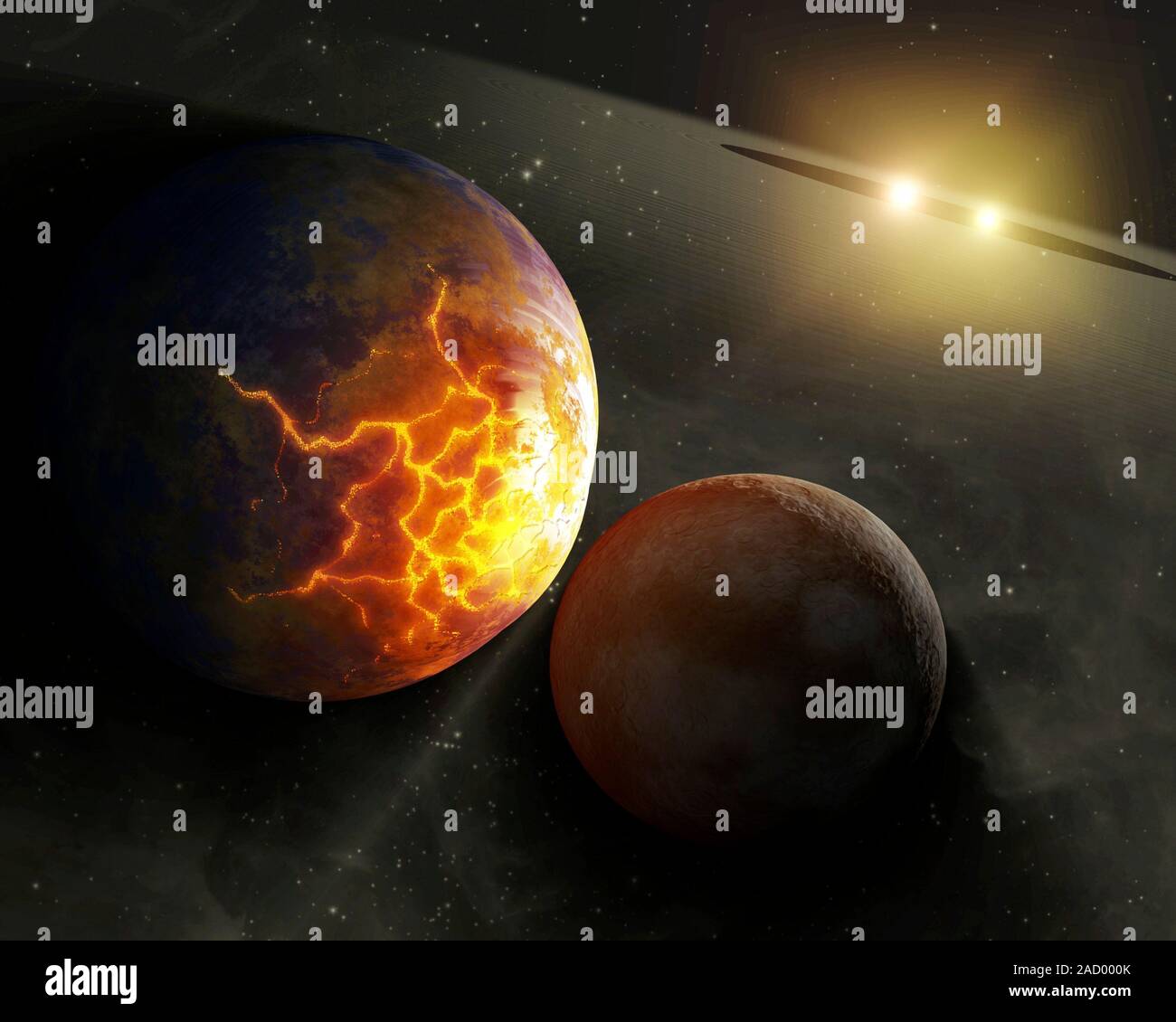 Colliding planets. Computer illustration of two planets colliding ...