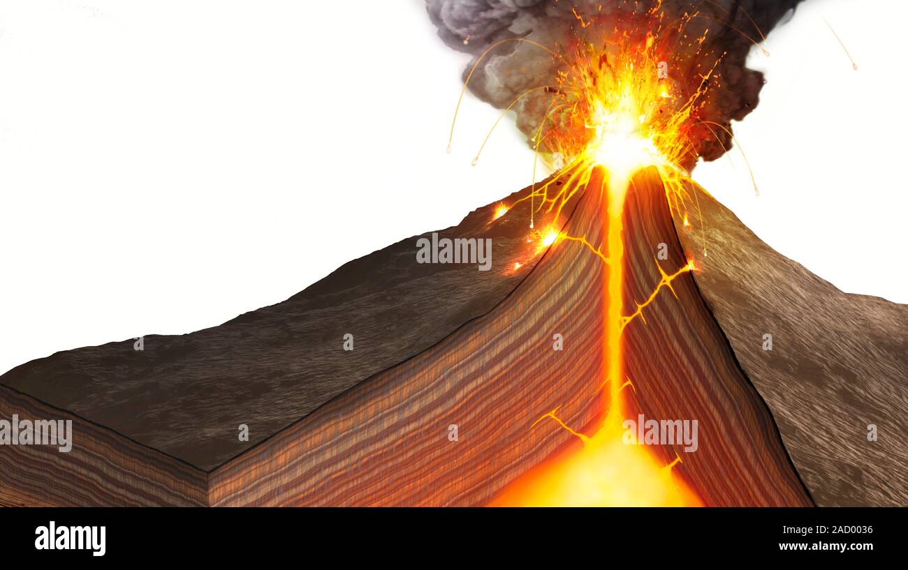 Diagram showing the interior of an erupting stratovolcano. A ...