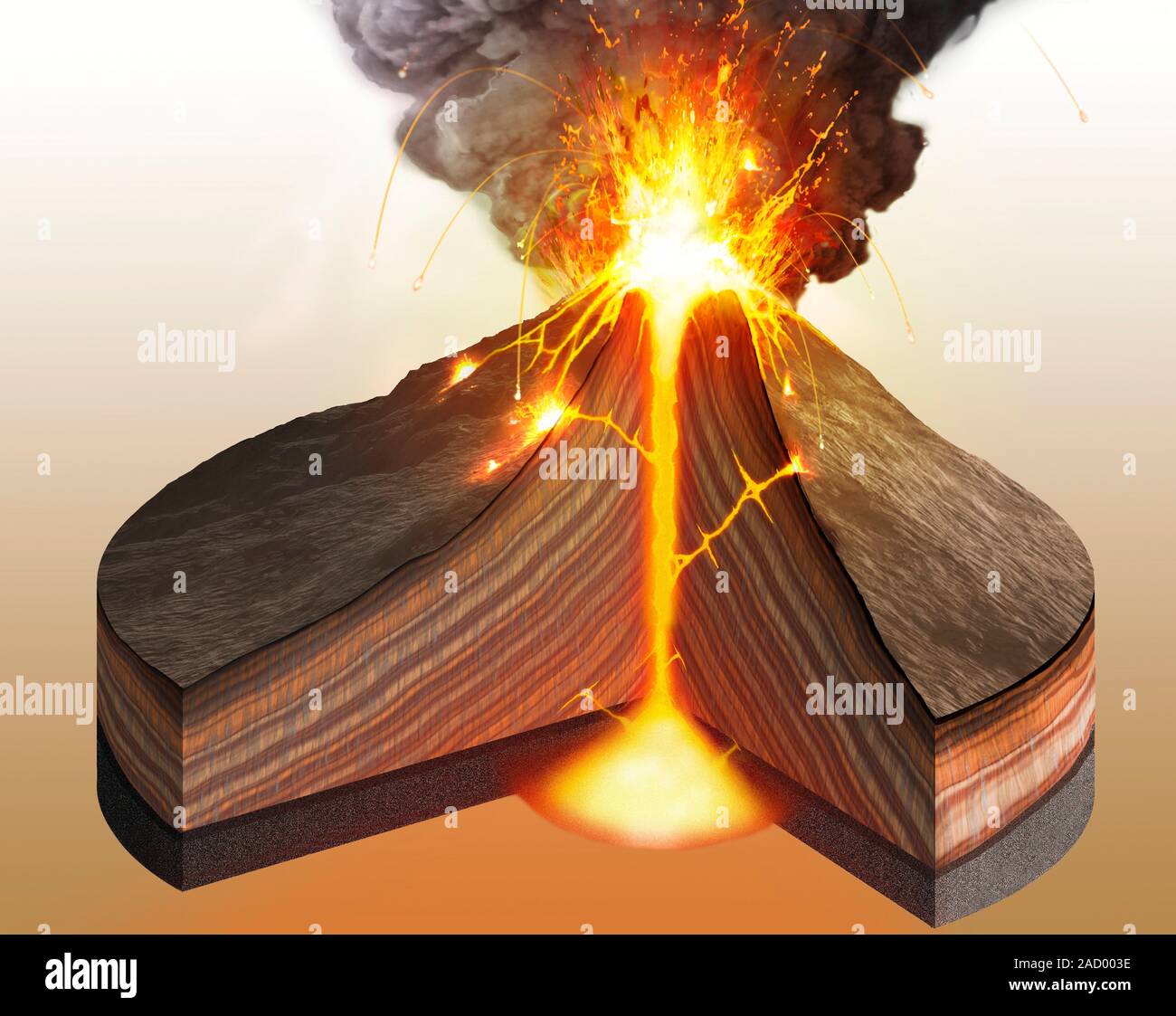 Diagram showing the interior of an erupting stratovolcano. A stratovolcano is a type of volcano ...