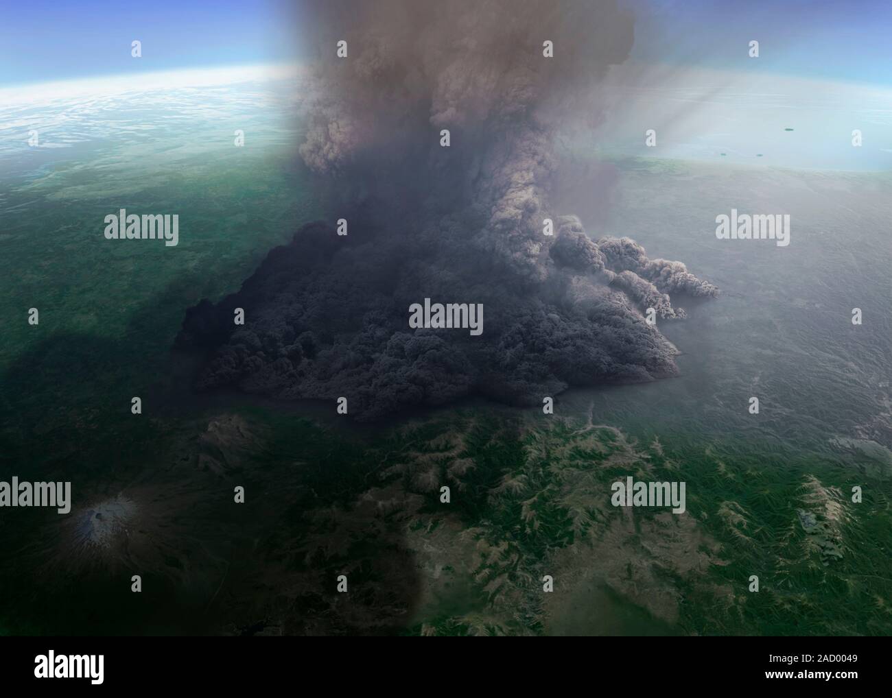 Artwork of an ultra-plinian volcanic eruption seen from an altitude of ...