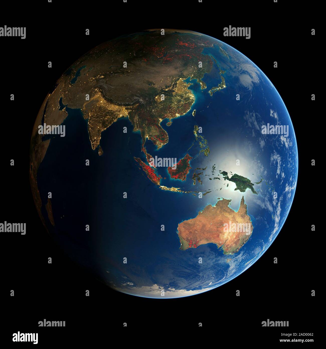 Earth's deforestation, 2000-2012. Earth hemisphere map, centred on ...