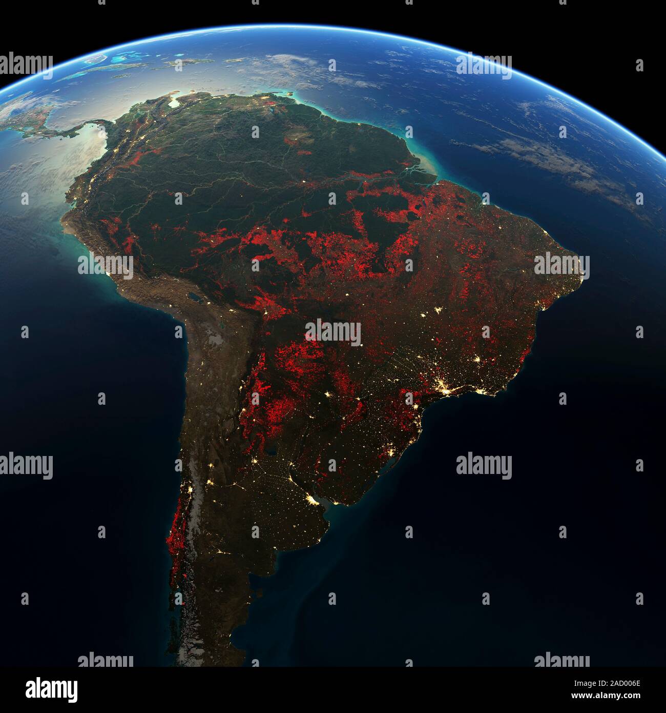 South America deforestation, 2000-2012. Close-up of a spherical ...