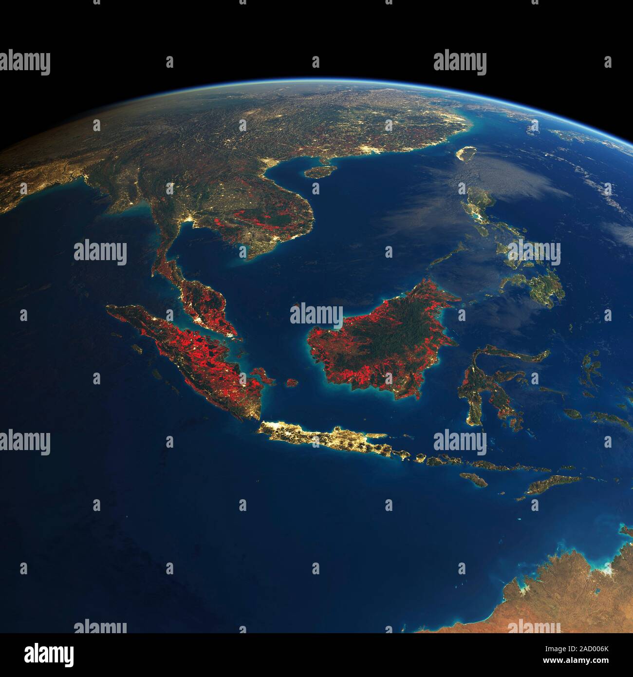 South-East Asia deforestation, 2000-2012. Spherical projection of South ...