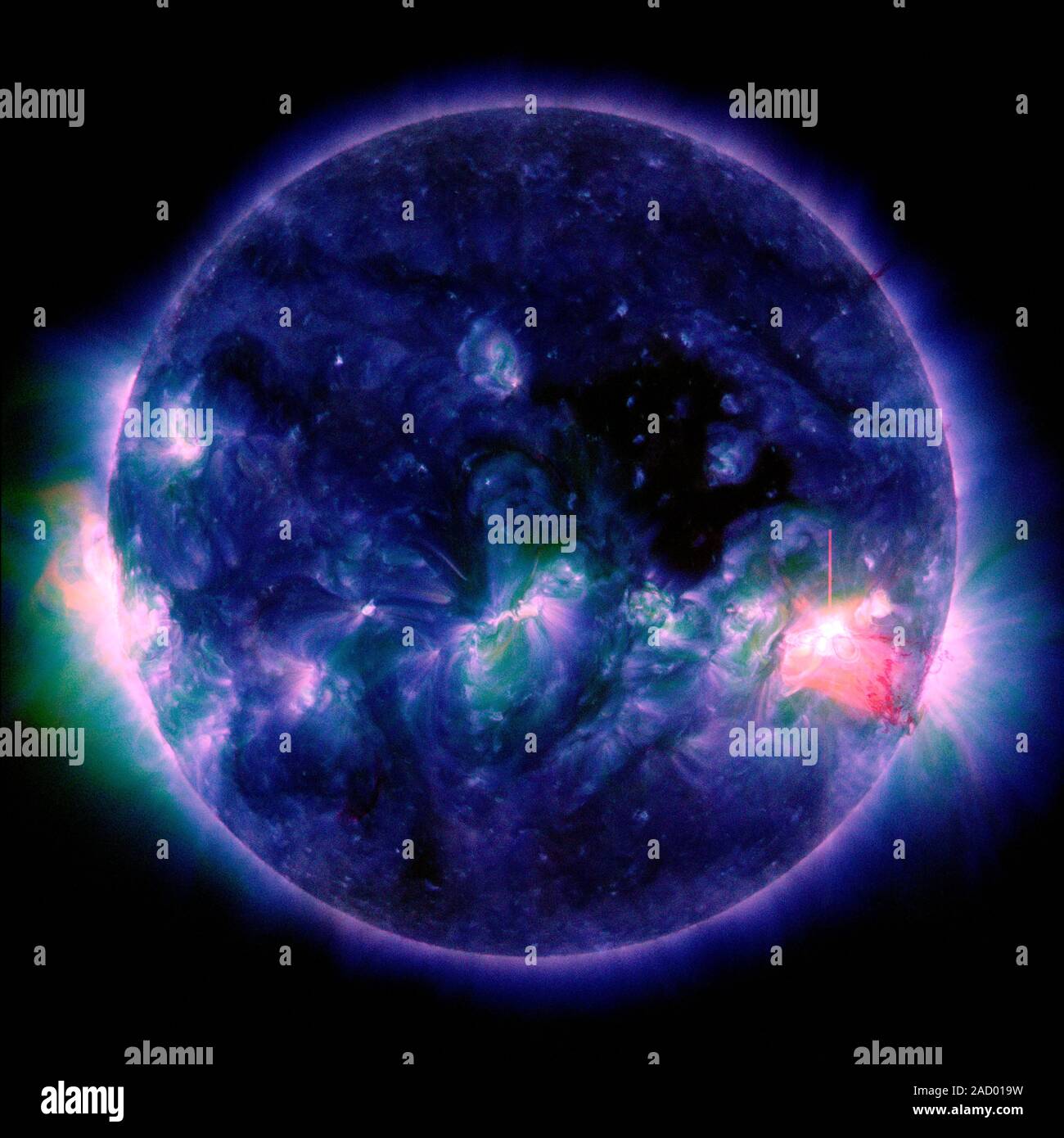 Solar flare. Composite image composed of data from several wavelengths ...