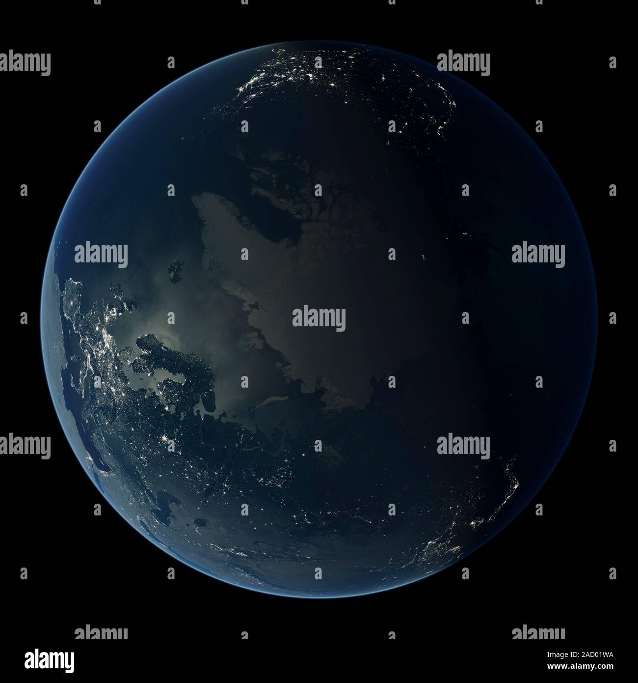 Earth at night. Map showing the Arctic and the urban and industrial ...