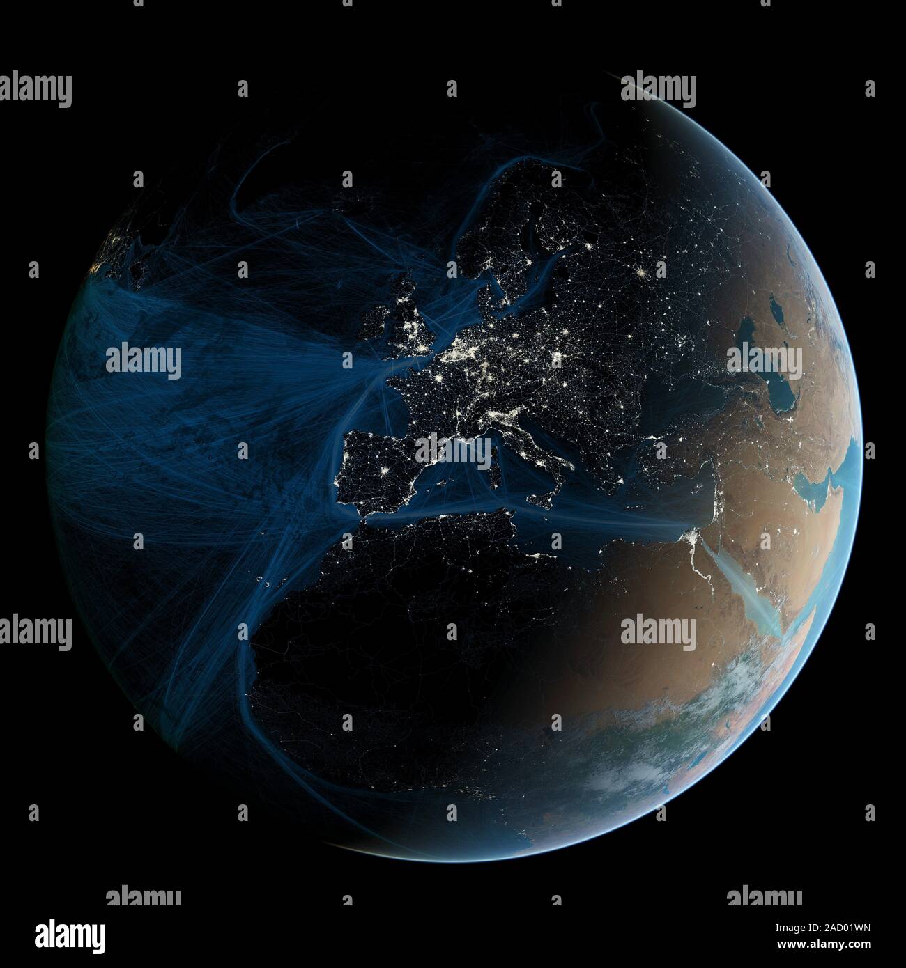 Europe and north Africa at night. Map showing urban and industrial ...