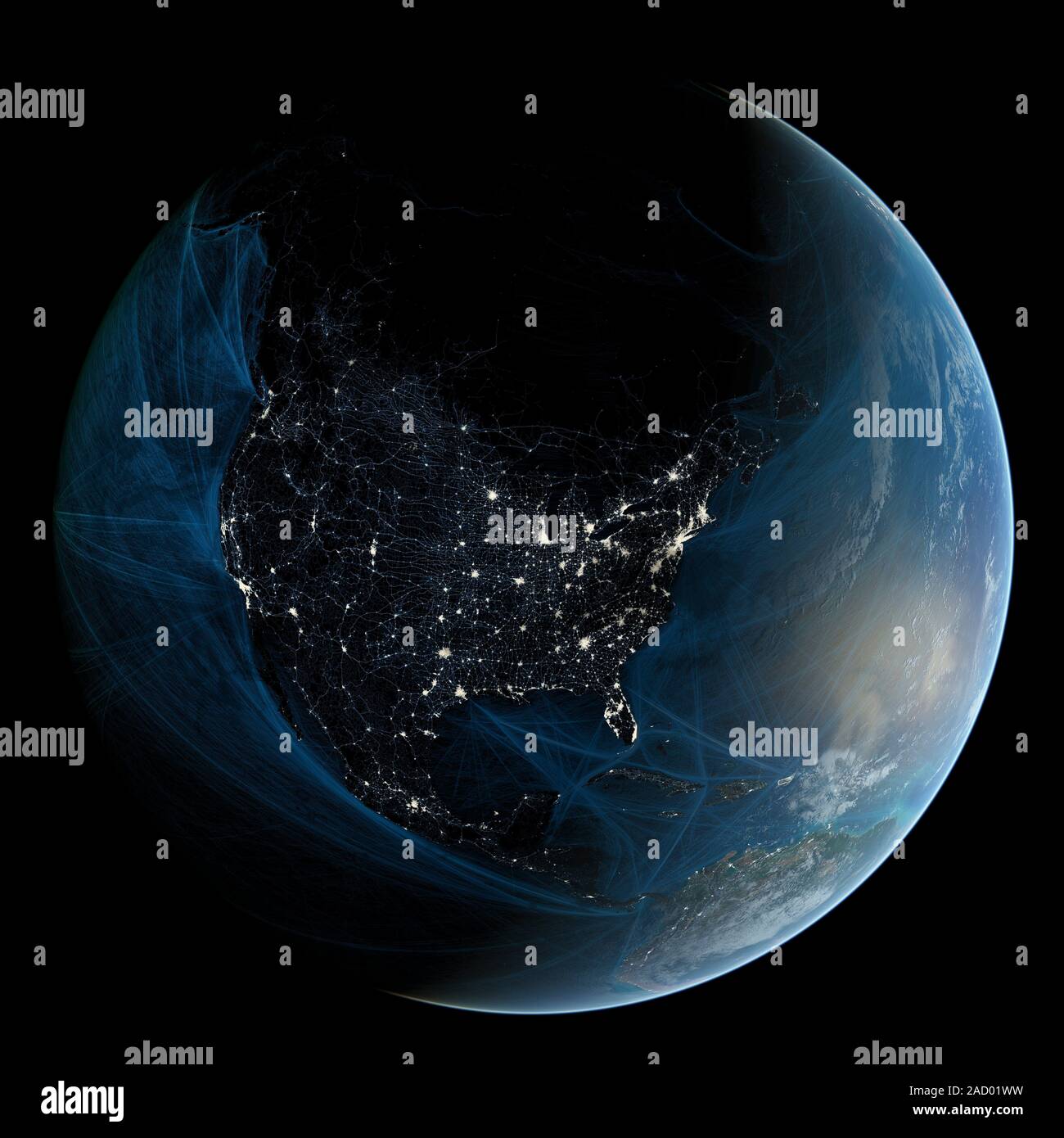 North America at night. Map showing urban and industrial lights over ...