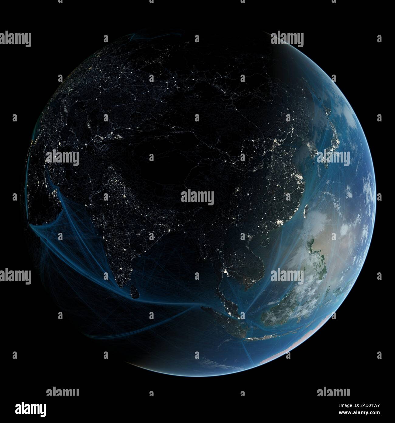 Asia at night. Map showing urban and industrial lights over Asia at ...