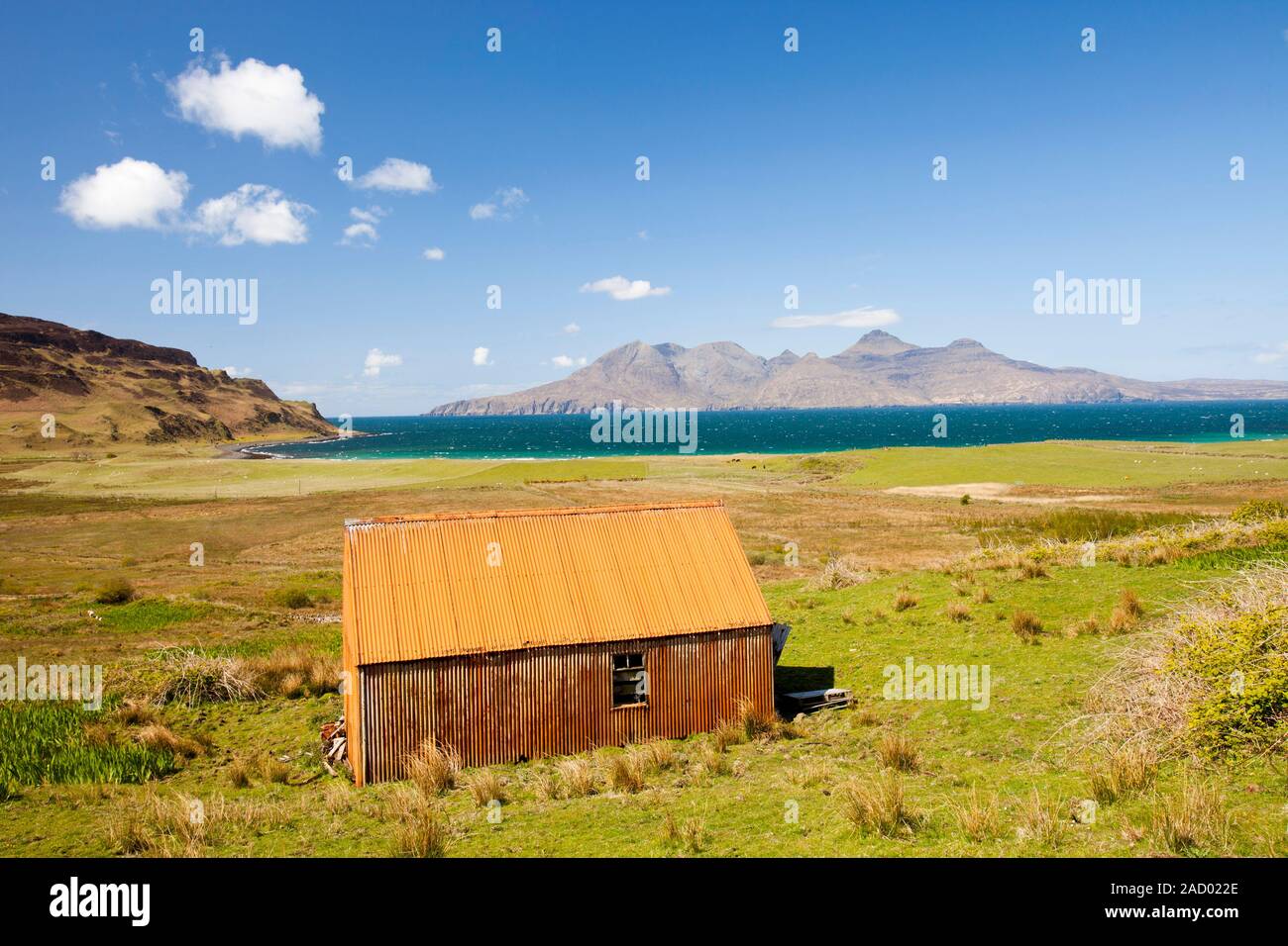 An old corrugated iron barn at Cleadale on the Isle of Eigg, looking ...