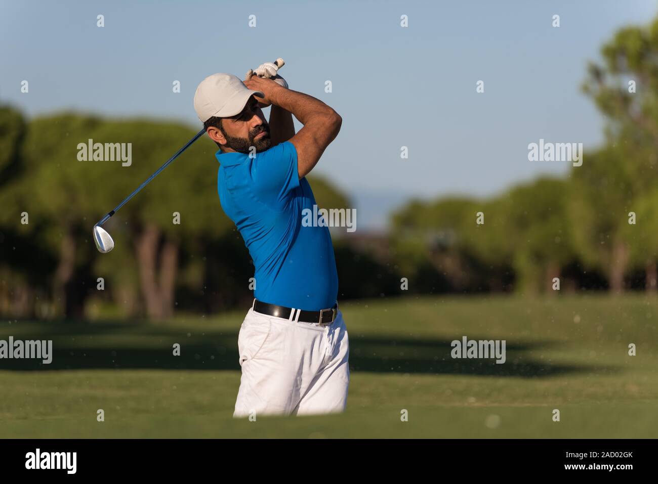 pro golfer hitting a sand bunker shot Stock Photo - Alamy