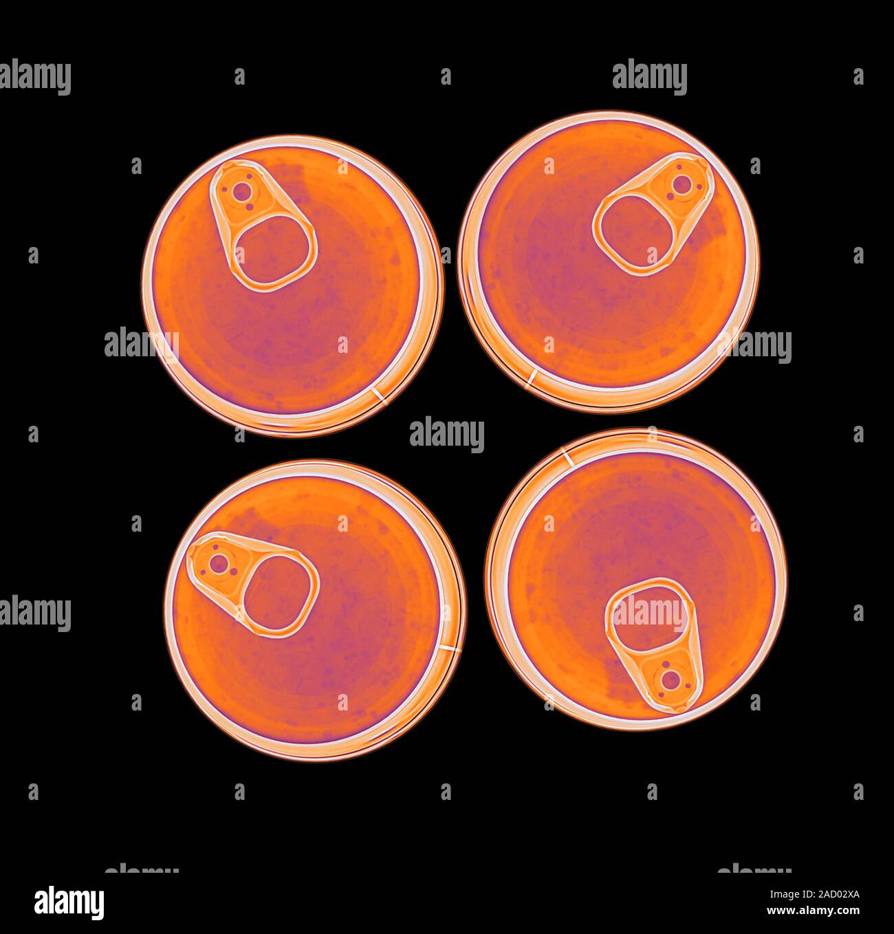 Coloured X-ray of four cans, shot from over the top to show the ring ...